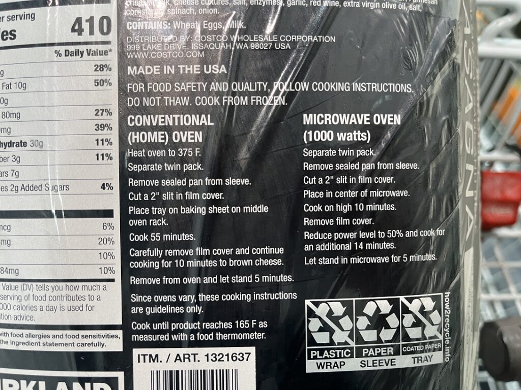 Kirkland Signature Italian Sausage and Beef Lasagna from Costco ...